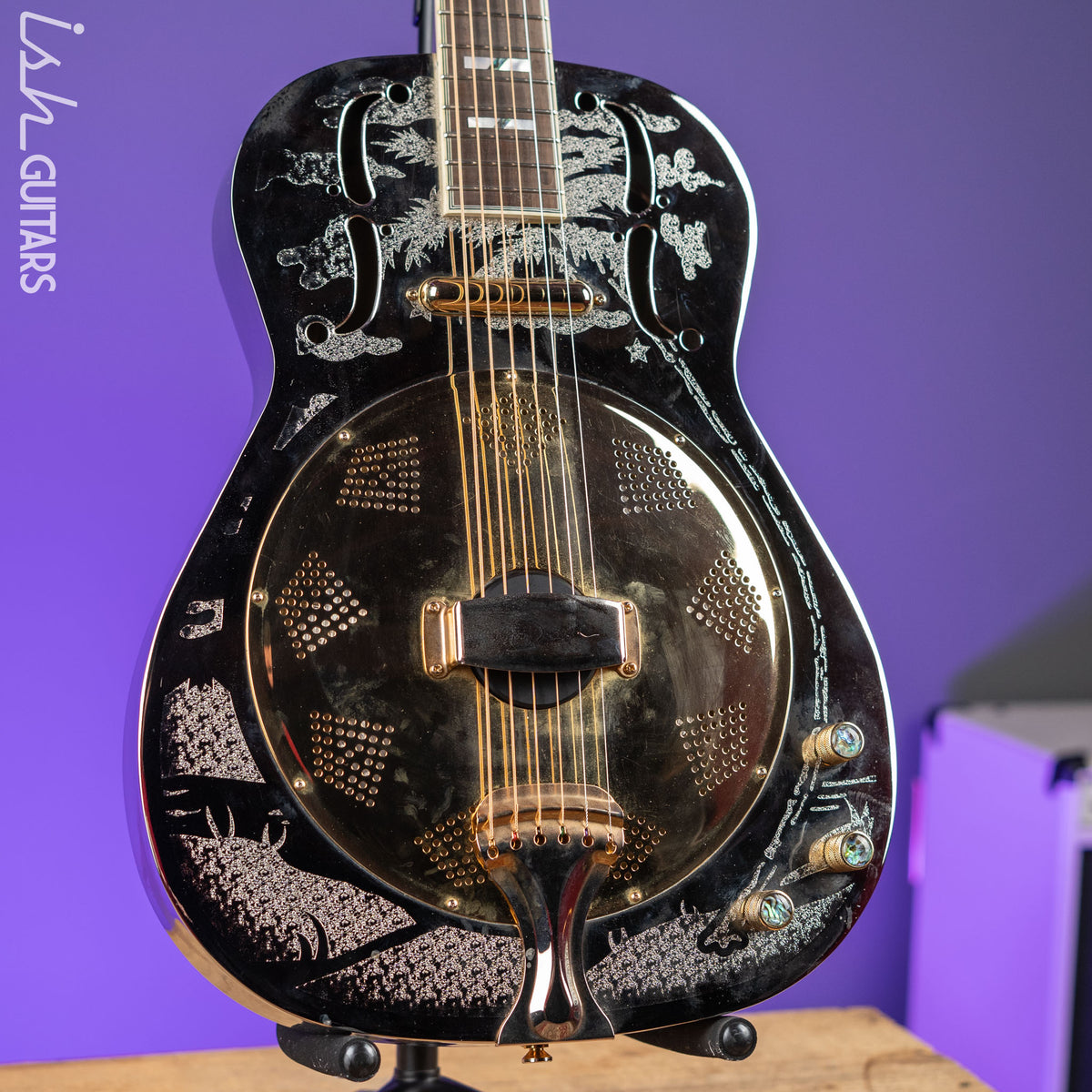 Dean Thin Body Acoustic-Electric Resonator Etched Chrome Gold – Ish Guitars